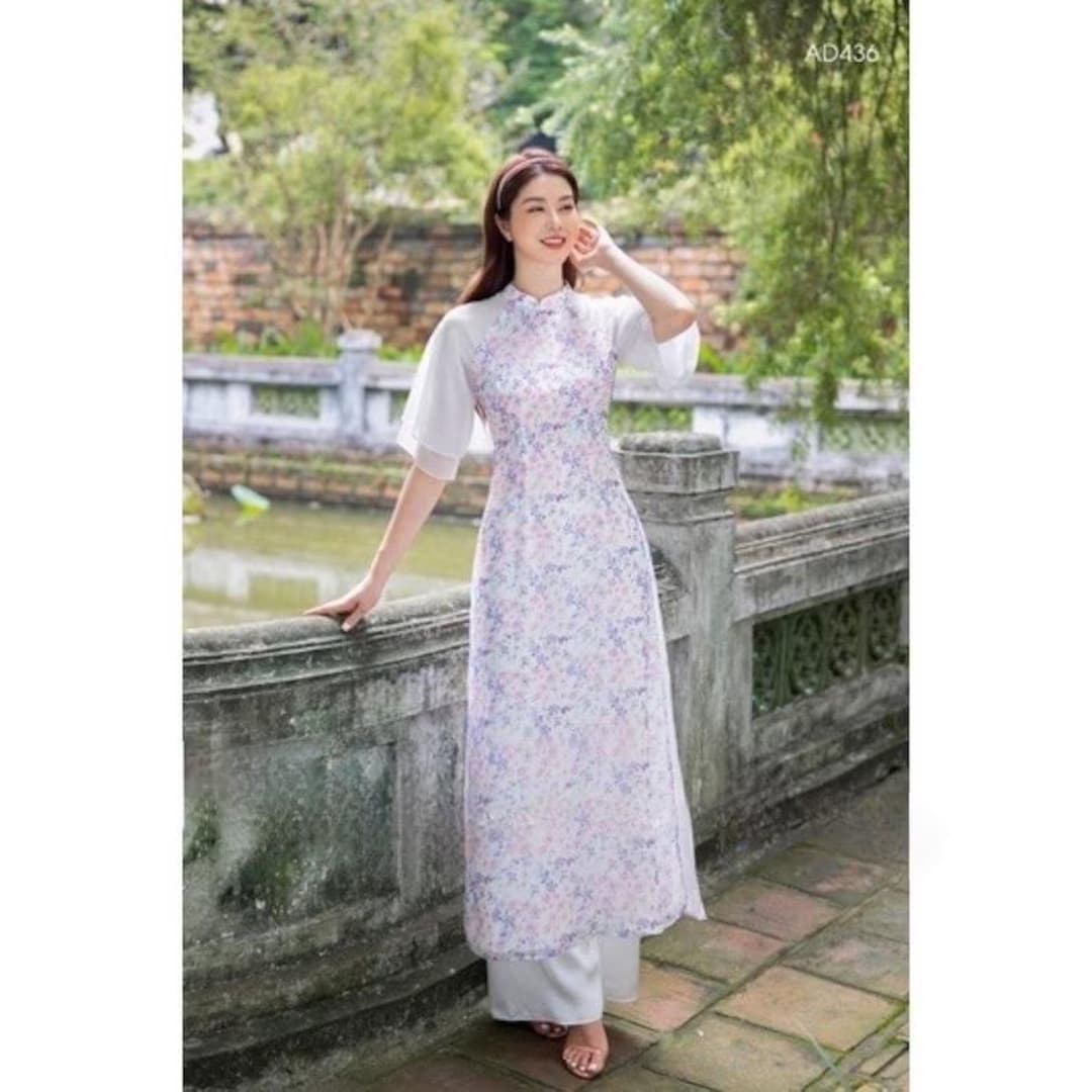 Women Ao Dai - Mini-floral Two-tone Ao Dai - Dusty Pink or Light Purple ...