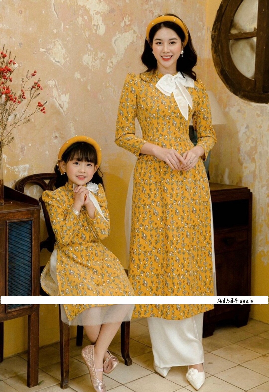 Mommy and Me Modern Ao Dai - Mini Floral in Mustard Yellow Skirt Set - Etsy