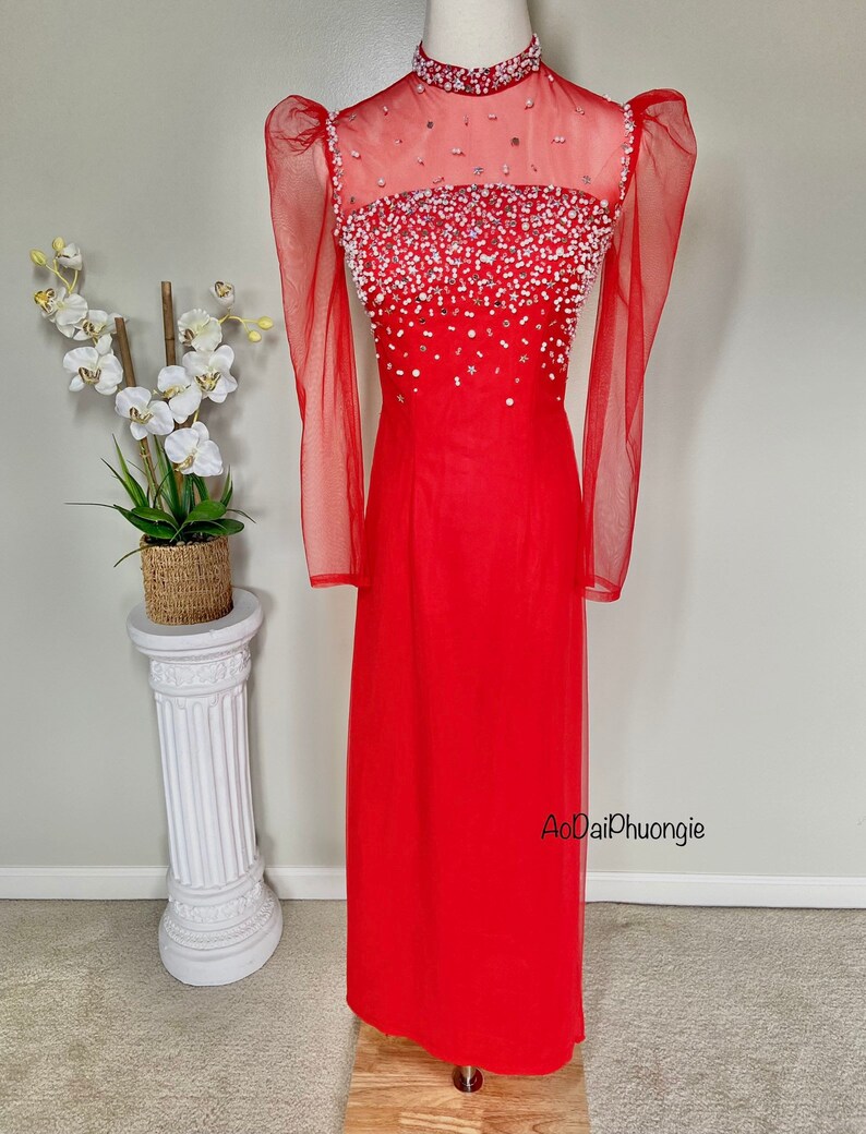 Red Ao Dai Bridal Ao Dai Red With Bead/pearl/sequin Design - Etsy