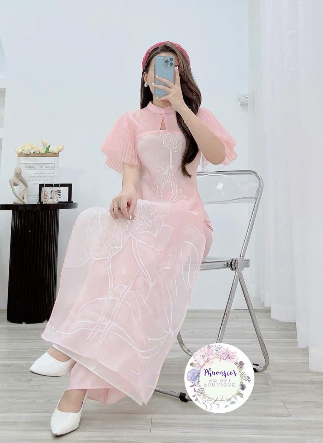 Modern Ao Dai Lotus Embroidered Design Light Pink - Etsy