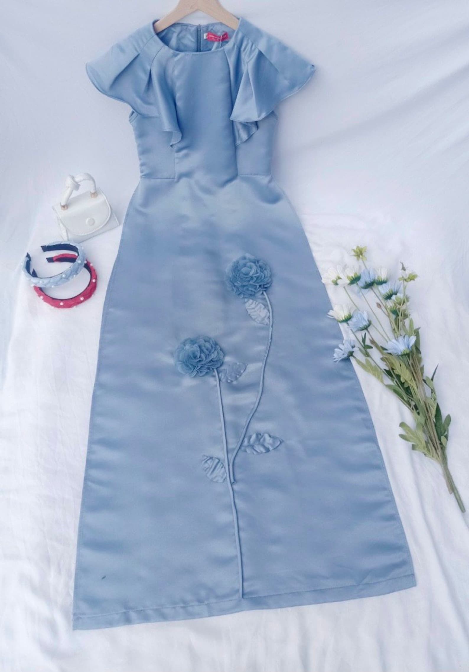 Modern Ao Dai Bat Sleeves With Fabric Flowers in Light Blue - Etsy