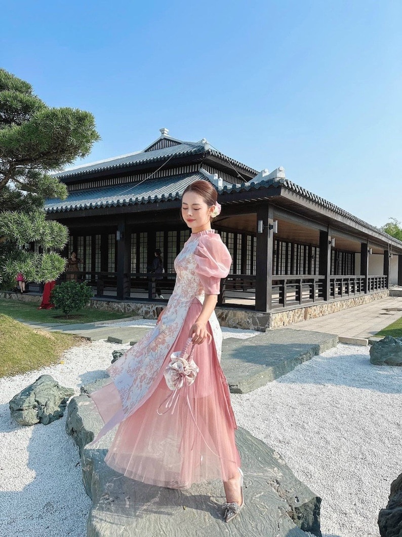 Modern Ao Dai Brocade Puff Sleeve With Skirt Red or Pink - Etsy