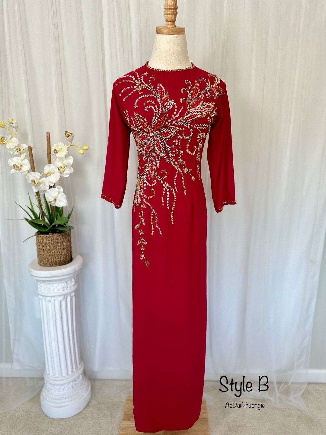 Women Ao Dai - Dark Red With Gold/silver Bead Design - Style B - Etsy
