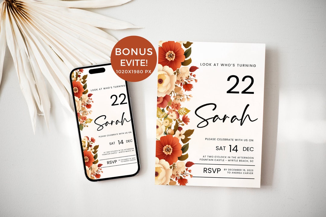 22nd Birthday Invitation Template: Floral Evite, Canva Editable ...