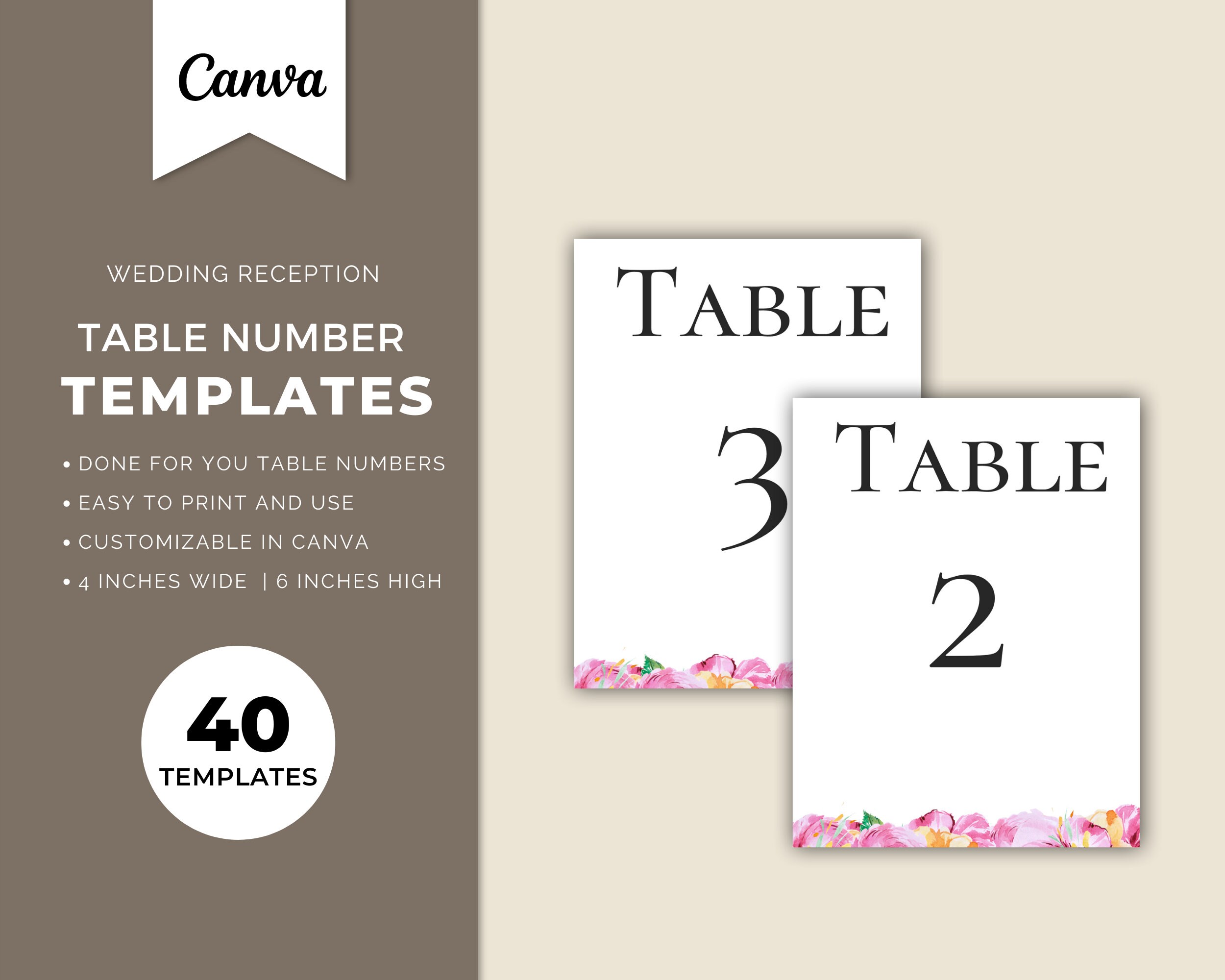Printable Table Numbers Canva, Wedding Reception Table Numbers Floral ...