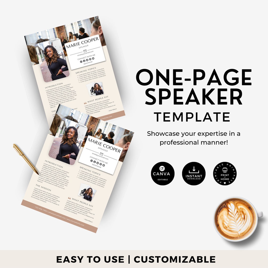 Speaker One Sheet Template Canva: Author Media Kit (digital Download ...