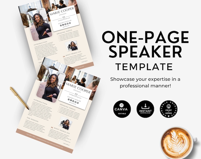 Speaker Sheet Canva Template, One Sheet, Author, Coach Profile, Professional Speaker Sheet - Etsy