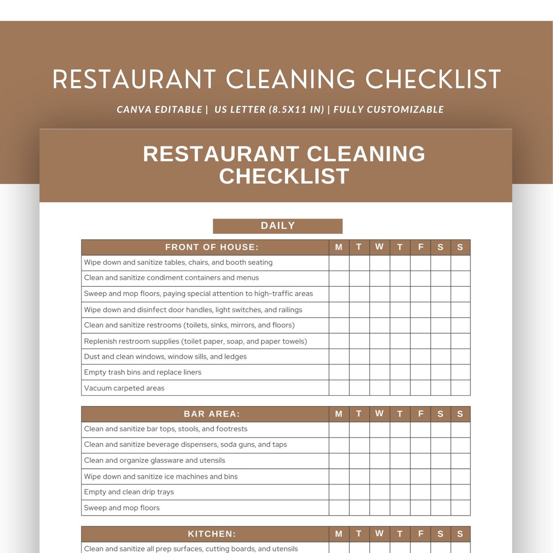 Canva Editable Restaurant Cleaning Checklist (PDF) - Etsy