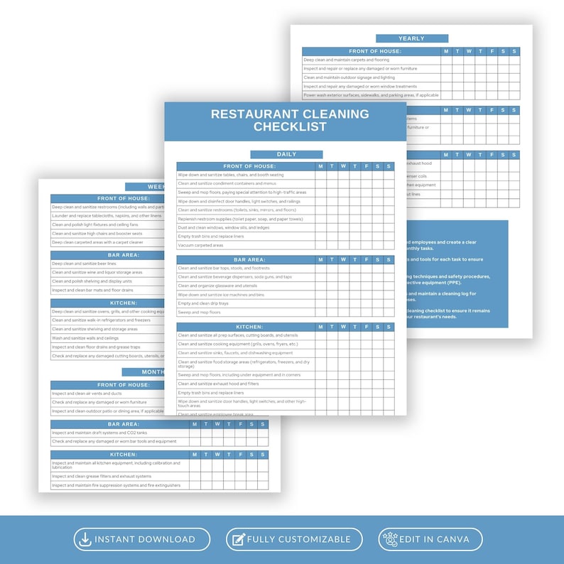 Restaurant Cleaning Checklist Template: Editable Canva Design (PDF) - Etsy