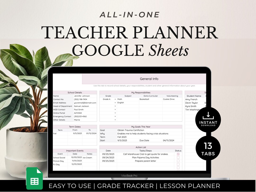 Digital Teacher Planner Google Sheets: Lesson Plan & Homework Tracker ...