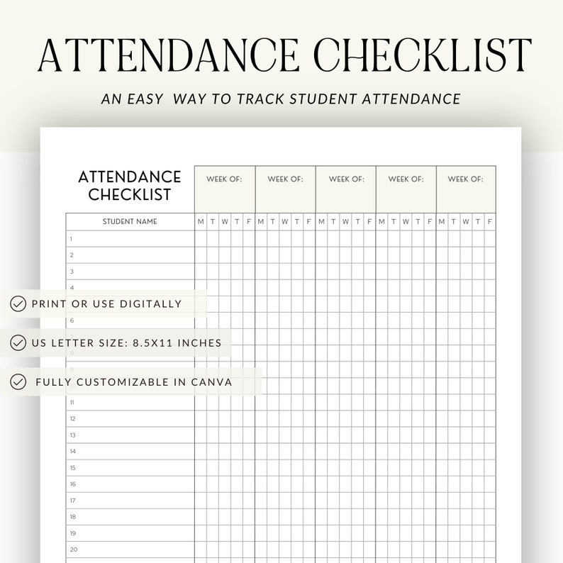 Attendance Tracker by Month Checklist, Instant Download, Edible Student ...