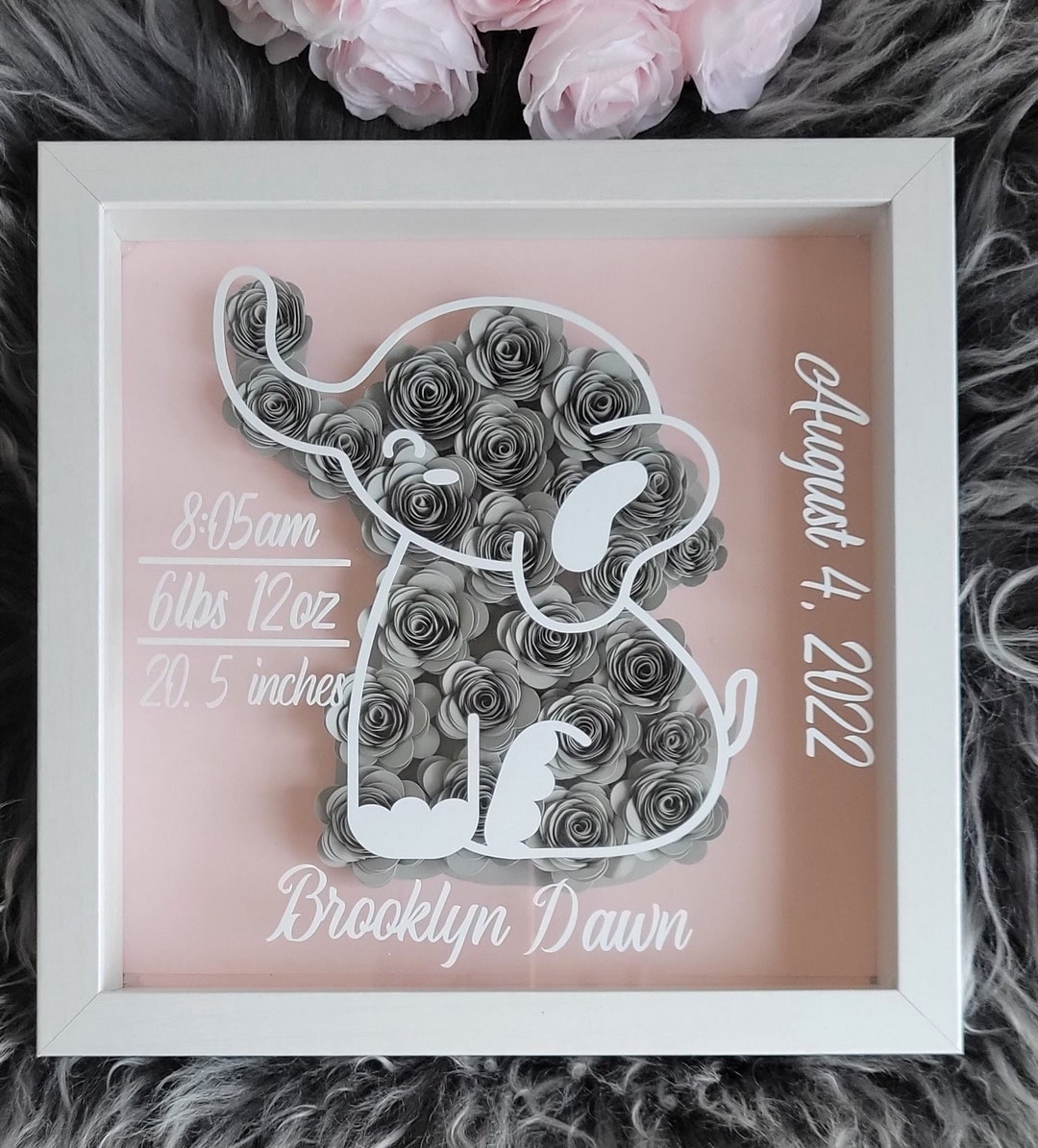 Buy Baby Stats Paper Flower Shadow Box Newborn Gift Elephant Shadow Box ...