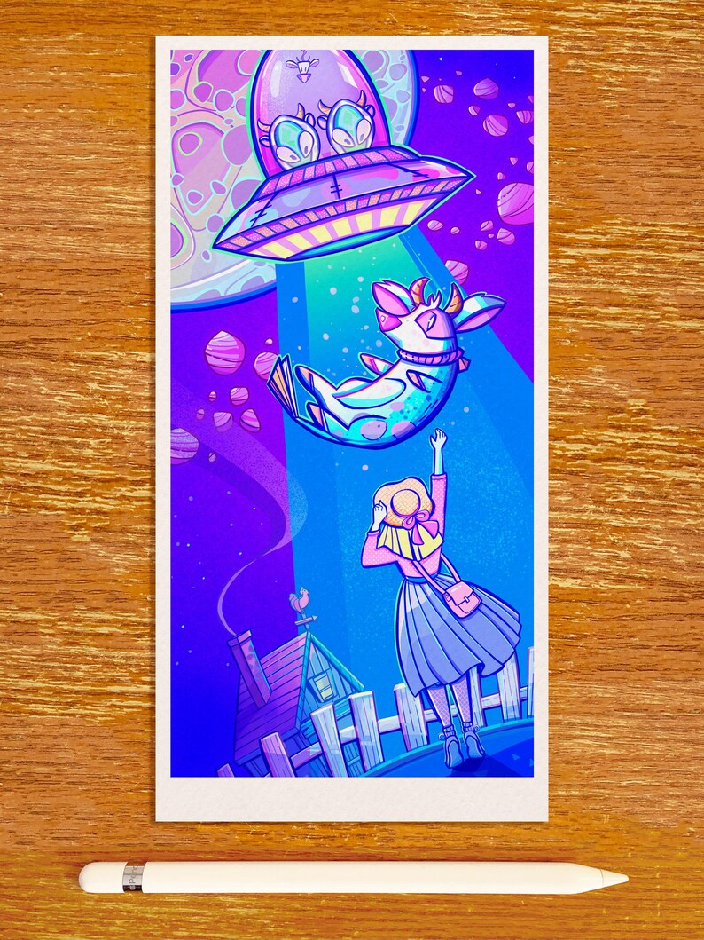 Hey, Not Cool Aliens, UFO, and Cow Art Print Giclee 5x10 - Etsy