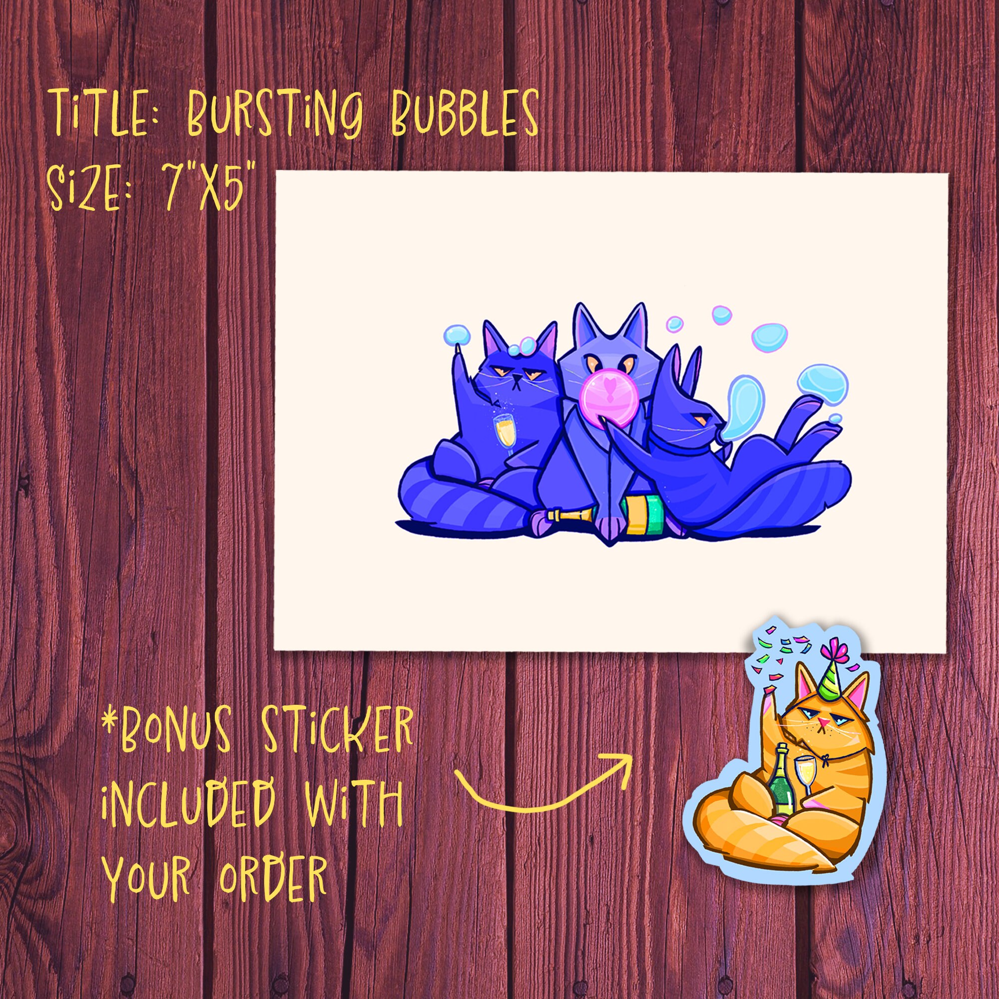 Bursting Bubbles Cats Art Print Giclee 7x5 - Etsy