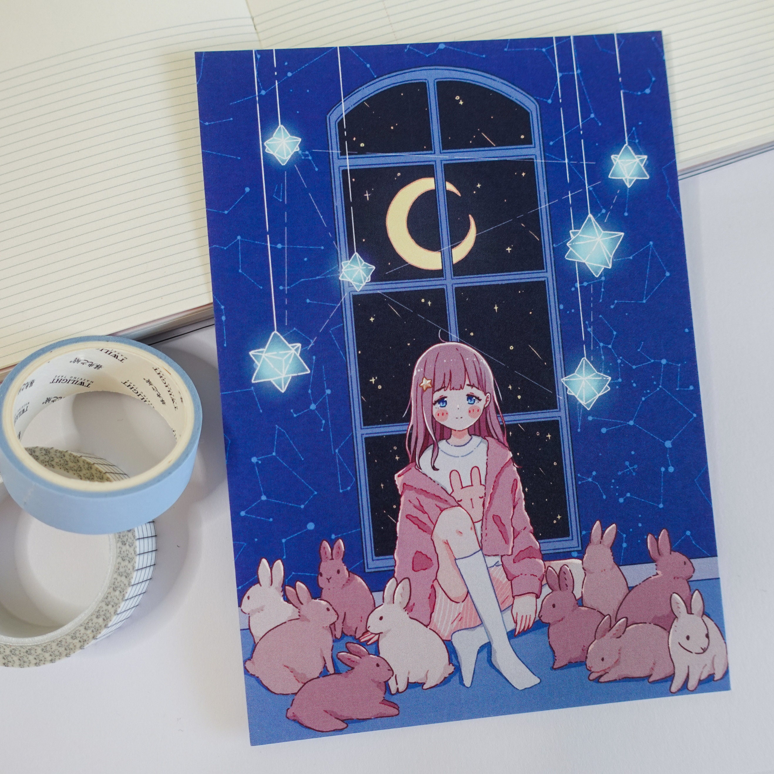 Moon Bunny Postcard Style Art Print Set - Etsy
