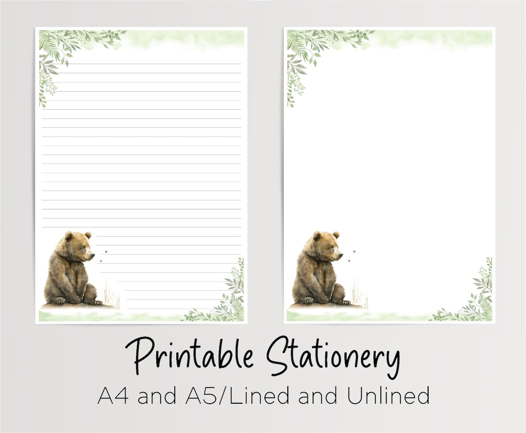 Bear Printable Stationery, A4 and A5, Lined and Unlined, INSTANT DOWNLOAD Letter Writing Paper ...