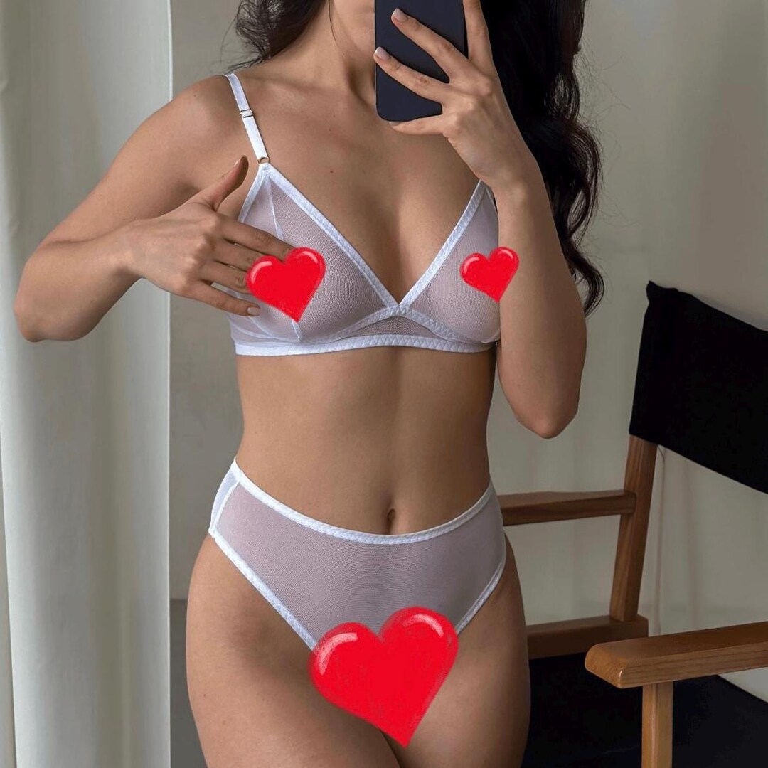 Sheer Bra and Panty Set Transparent Lingerie See Through White Bralette Mesh Panty Sheer ...