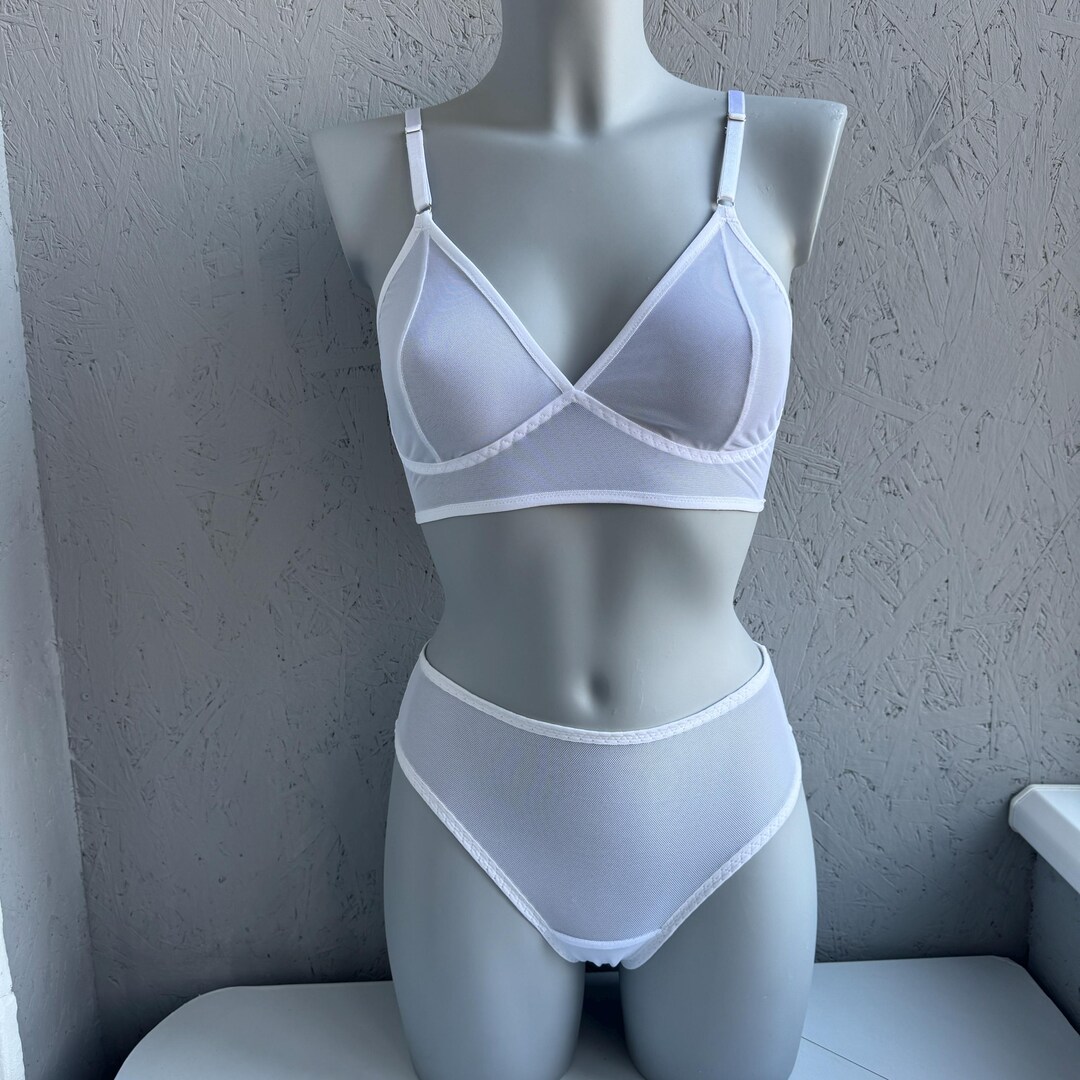 Sheer Bra and Panty Set Transparent Lingerie See Through White Bralette Mesh Panty Sheer ...