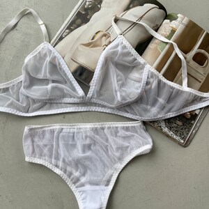 Sheer Bra and Panty Set Transparent Lingerie See Through White Bralette Mesh Panty Sheer ...