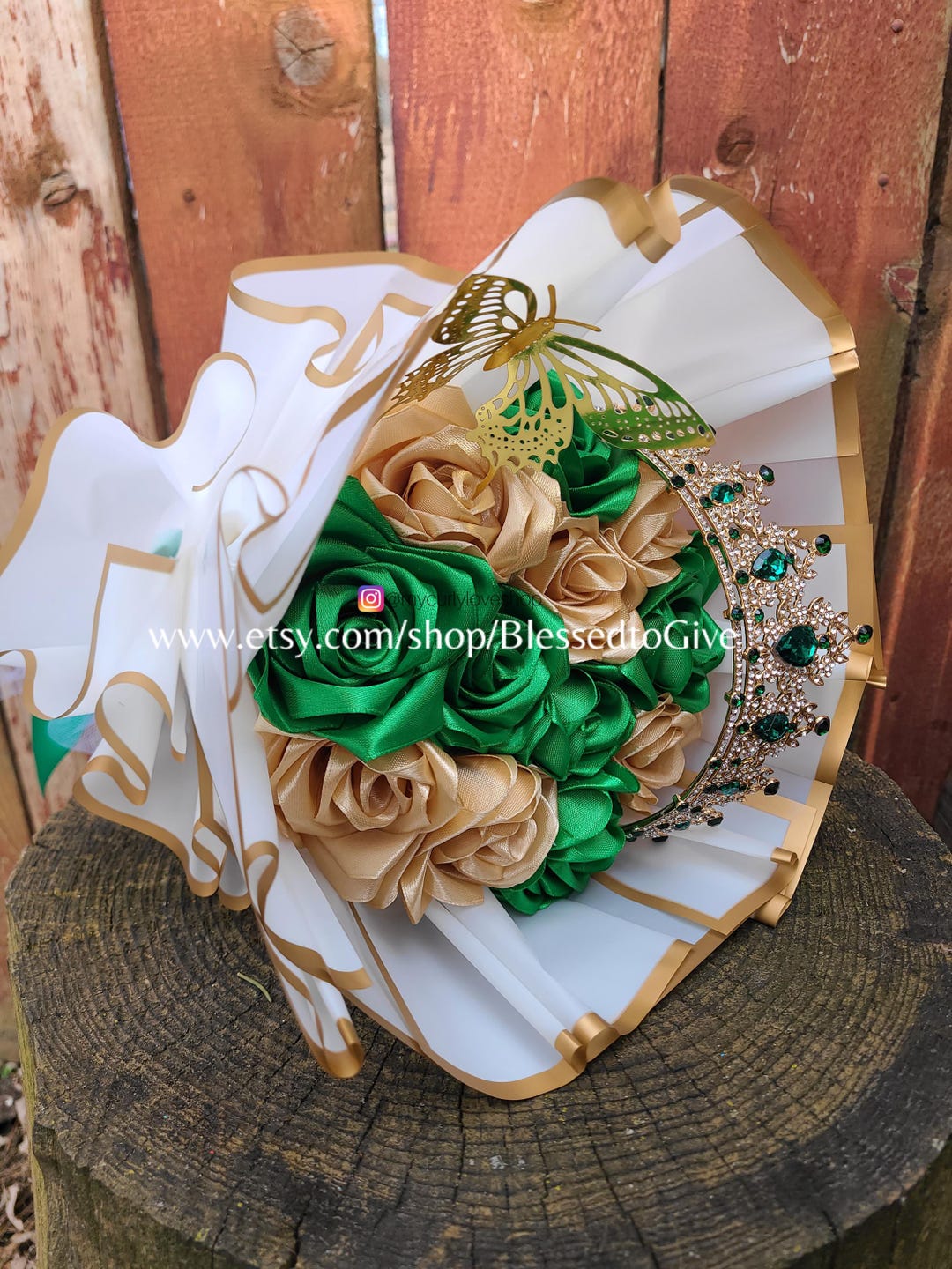 Eternal Roses Ramo Emerald Green Ribbon Roses Green Gold Roses ...