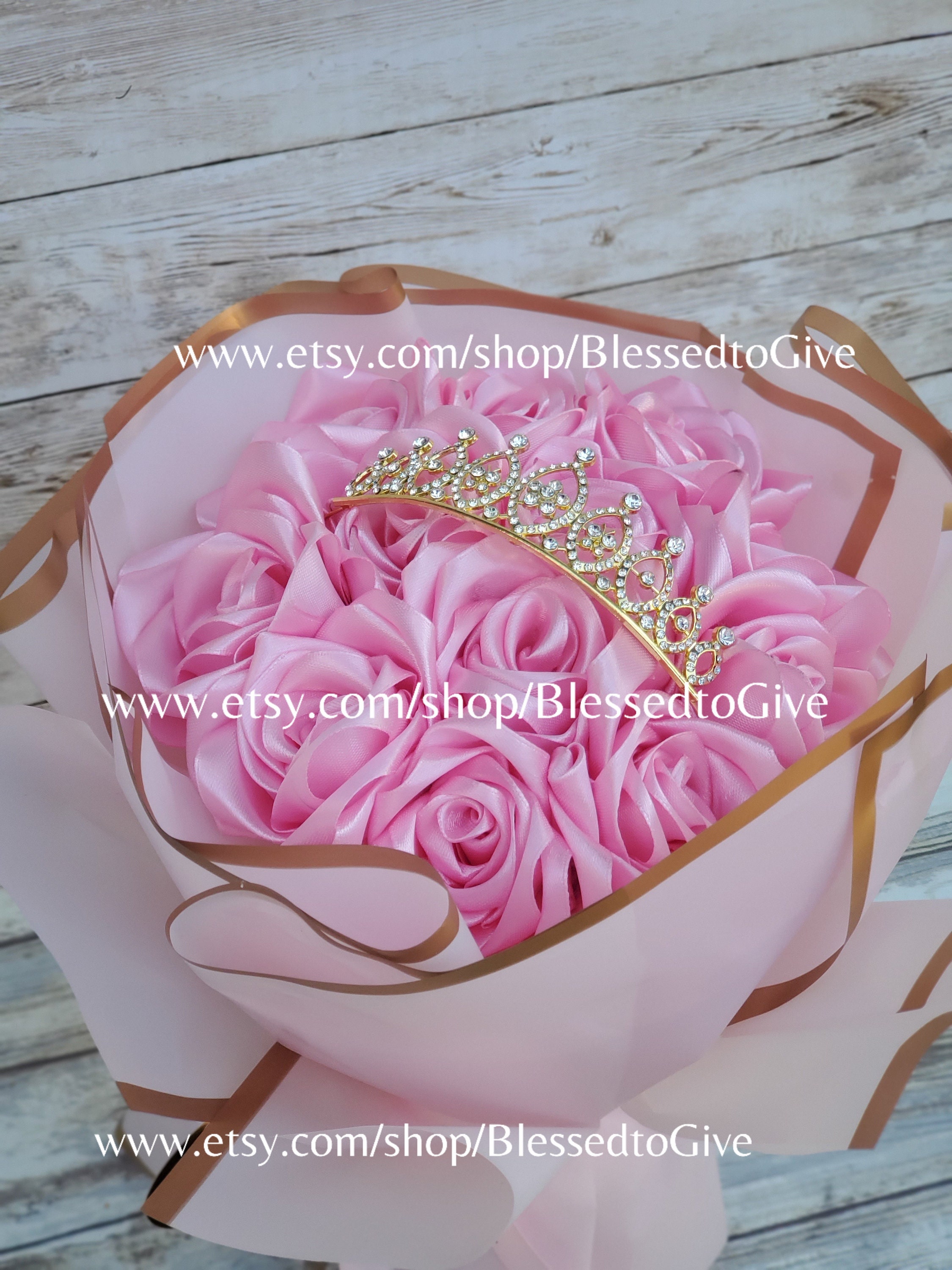 Pink Ribbon Roses Bouquet With Crown Rosas Eternas Ribbon Roses Graduation Bouquet Mothers Day ...
