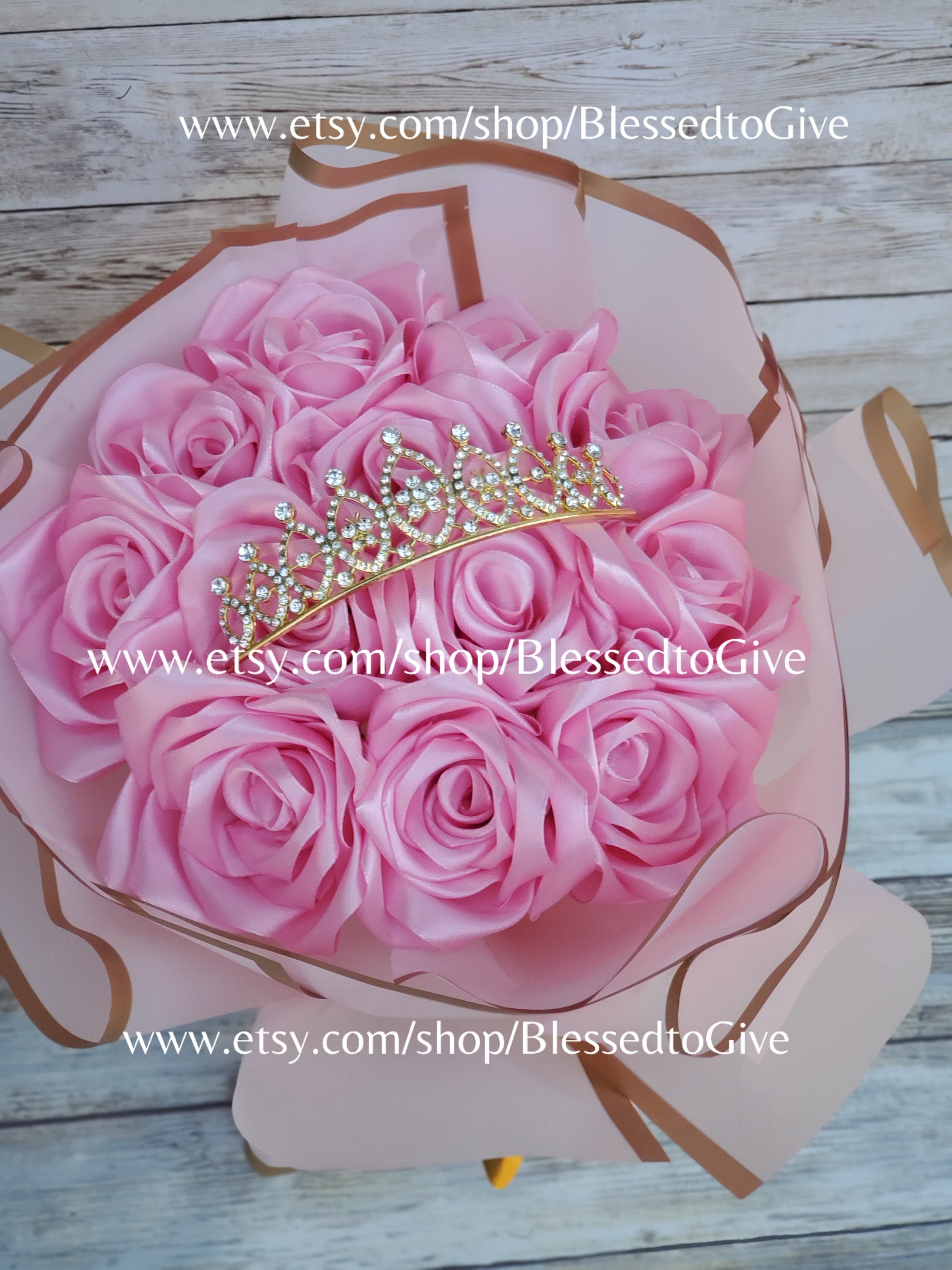 Pink Ribbon Roses Bouquet With Crown Rosas Eternas Ribbon Roses ...