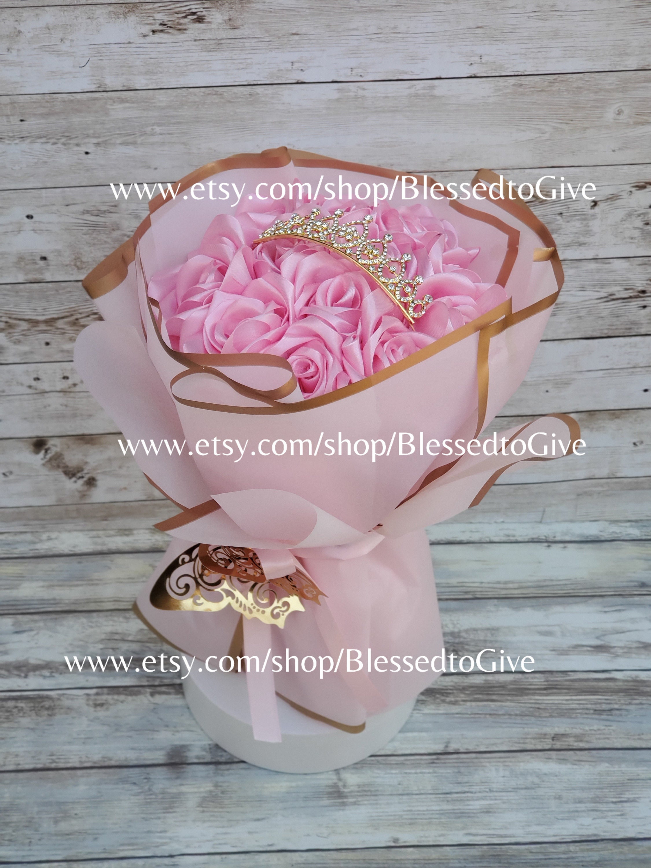 Pink Ribbon Roses Bouquet With Crown Rosas Eternas Ribbon Roses Graduation Bouquet Mothers Day ...
