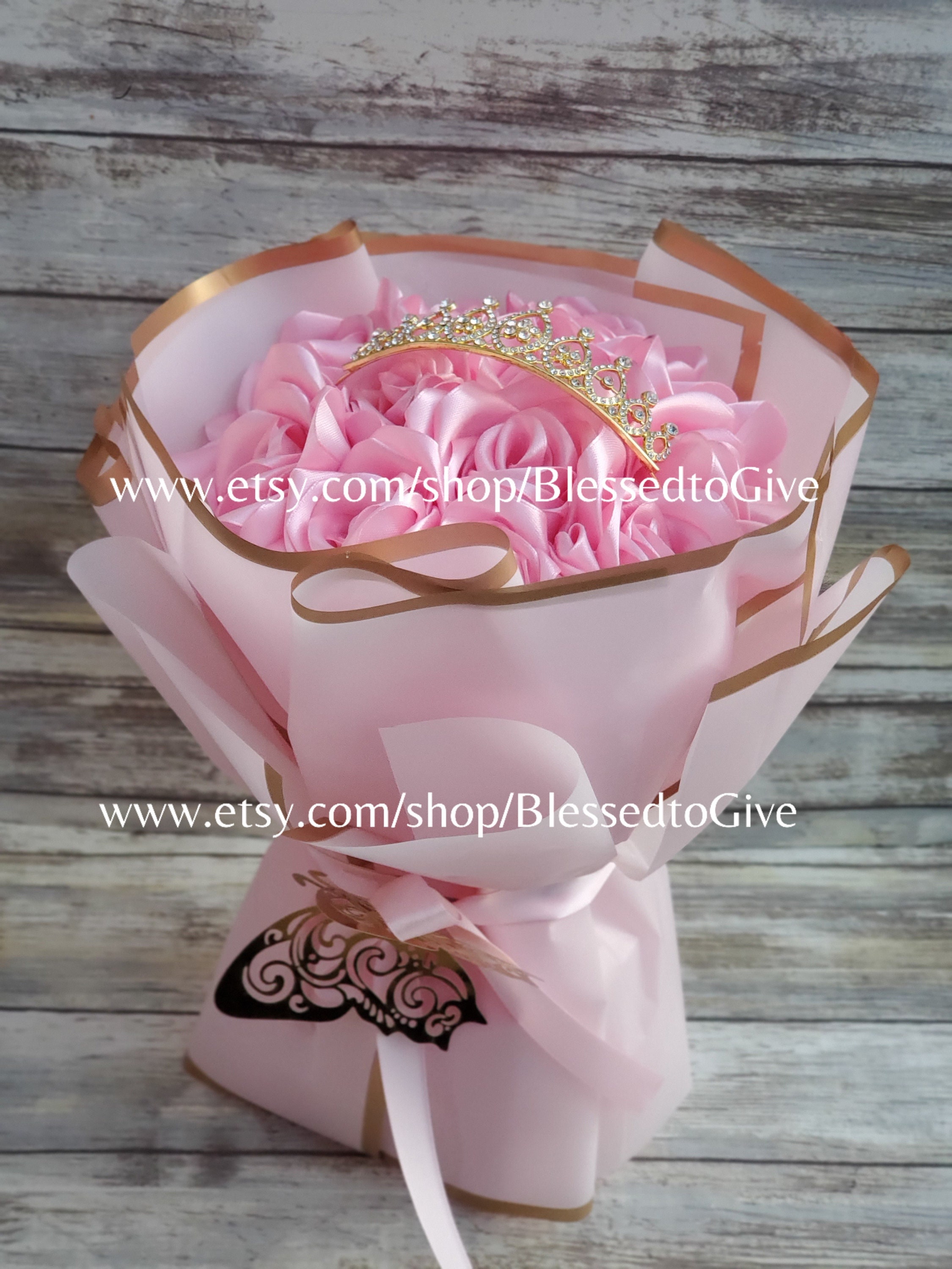 Pink Ribbon Roses Bouquet With Crown Rosas Eternas Ribbon Roses Graduation Bouquet Mothers Day ...