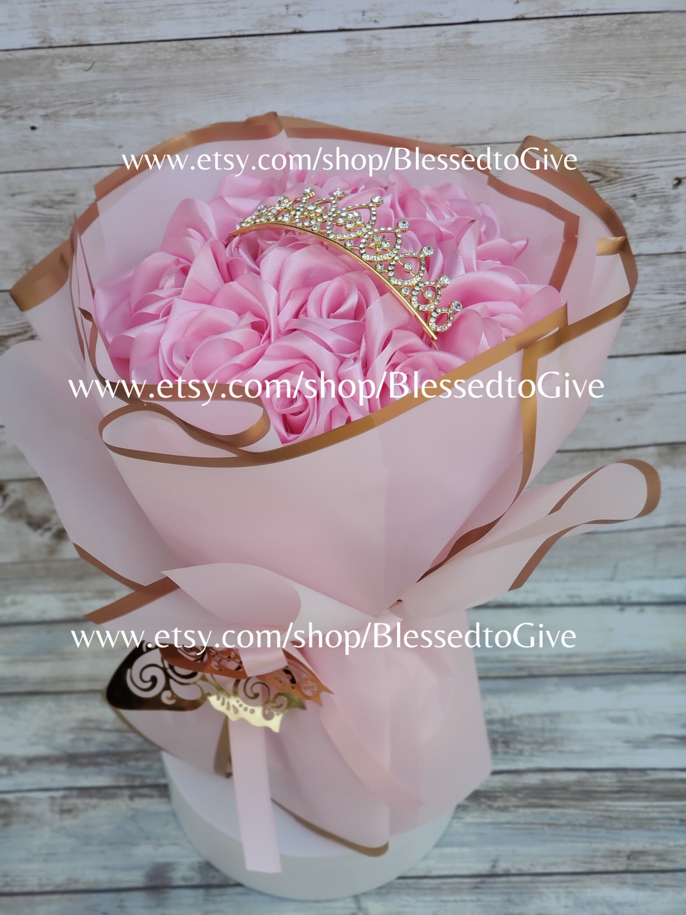 Pink Ribbon Roses Bouquet With Crown Rosas Eternas Ribbon Roses Graduation Bouquet Mothers Day ...