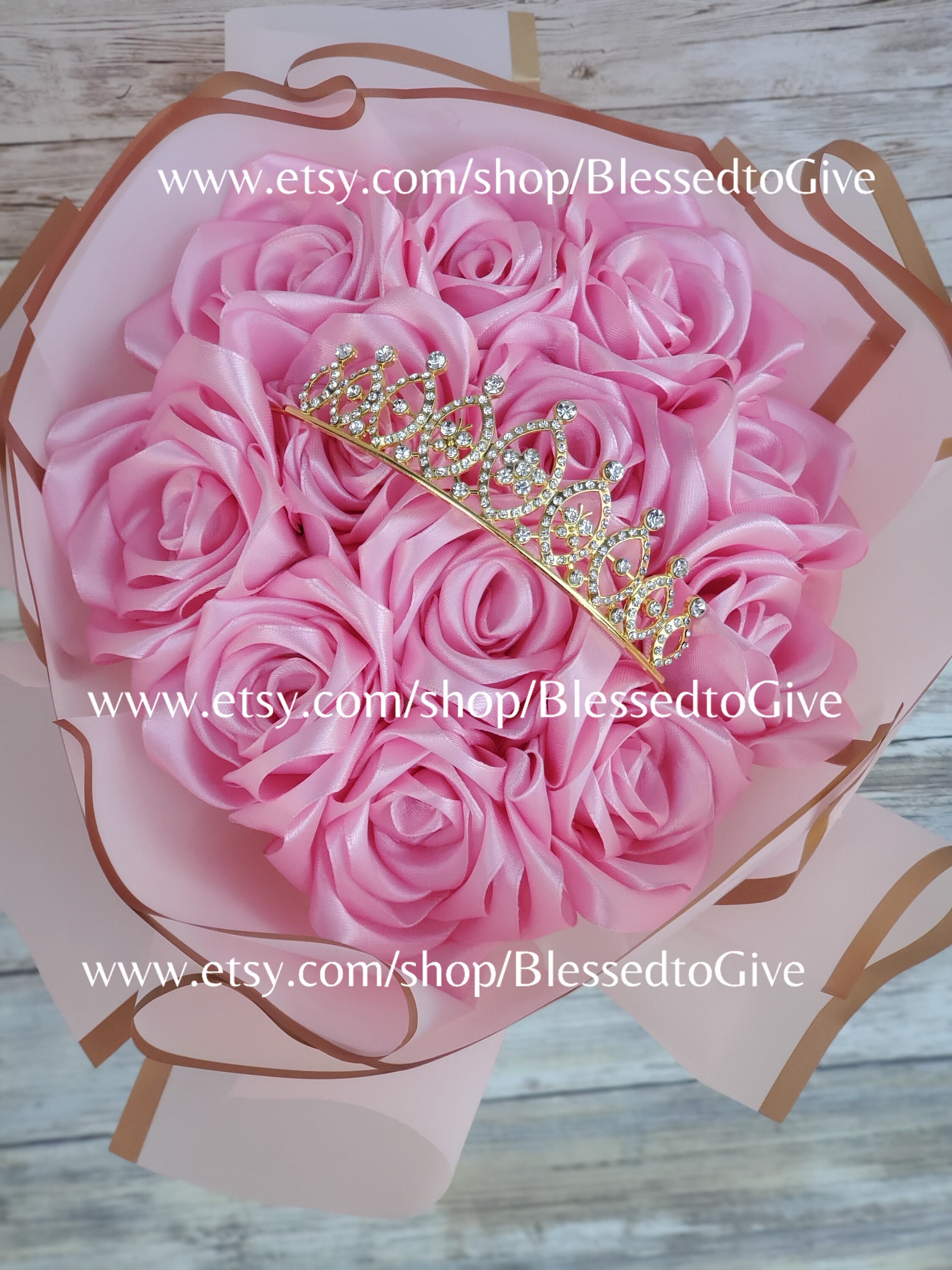 Pink Ribbon Roses Bouquet With Crown Rosas Eternas Ribbon Roses Graduation Bouquet Mothers Day ...