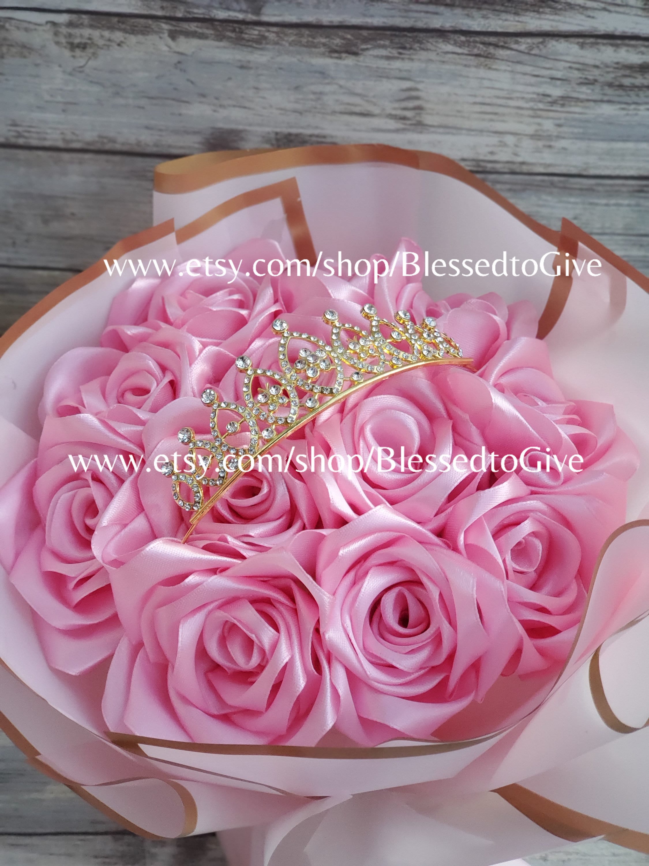 Pink Ribbon Roses Bouquet With Crown Rosas Eternas Ribbon Roses ...
