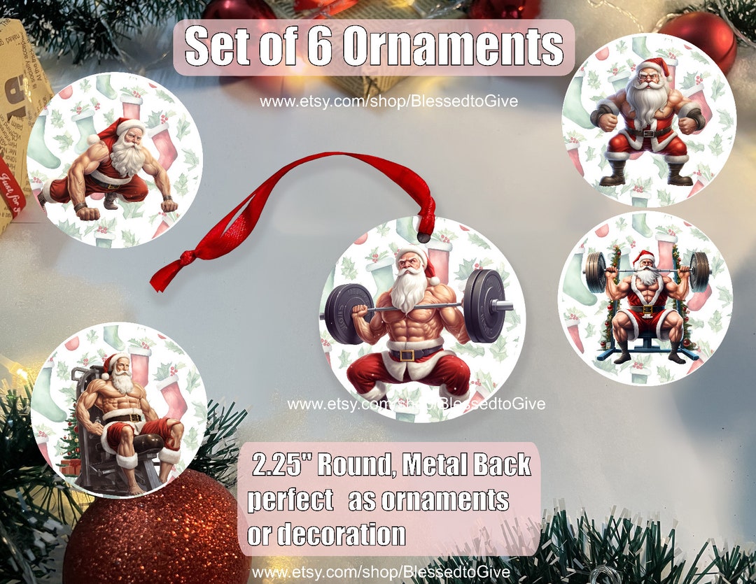 Fitness Santa Ornaments Set, Gym Santa Ornaments, Weightlifting ...