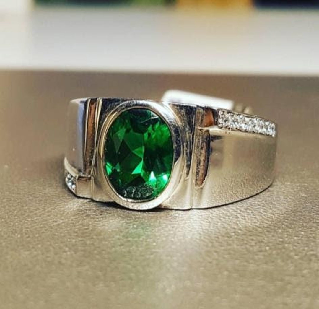 Lab Created Emerald Mens Ring 925 Sterling Silver Ring, Green Gemstone ...