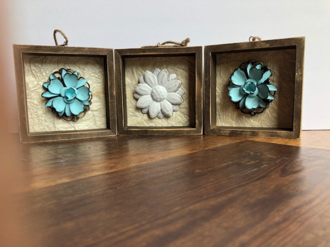 Small Trio of Metal Flowers in Rustic Box Frames / White and - Etsy