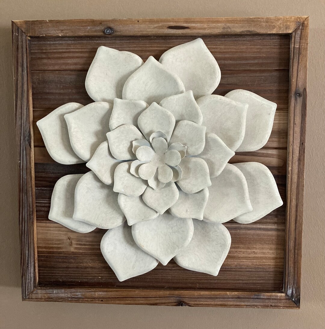 Handmade Ivory Metal Flower Wall Art: Rustic Wood Box Frame - Etsy