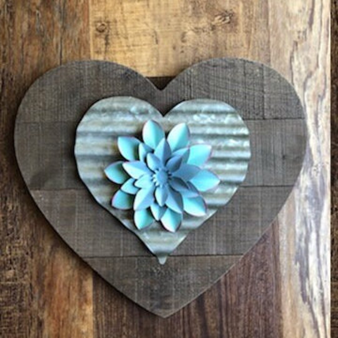 Galvanized Metal Heart, Green and Blue Succulent Flower, Dark Stain ...