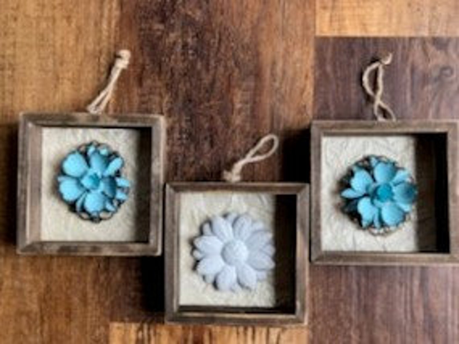 Small Trio of Metal Flowers in Rustic Box Frames / White and - Etsy