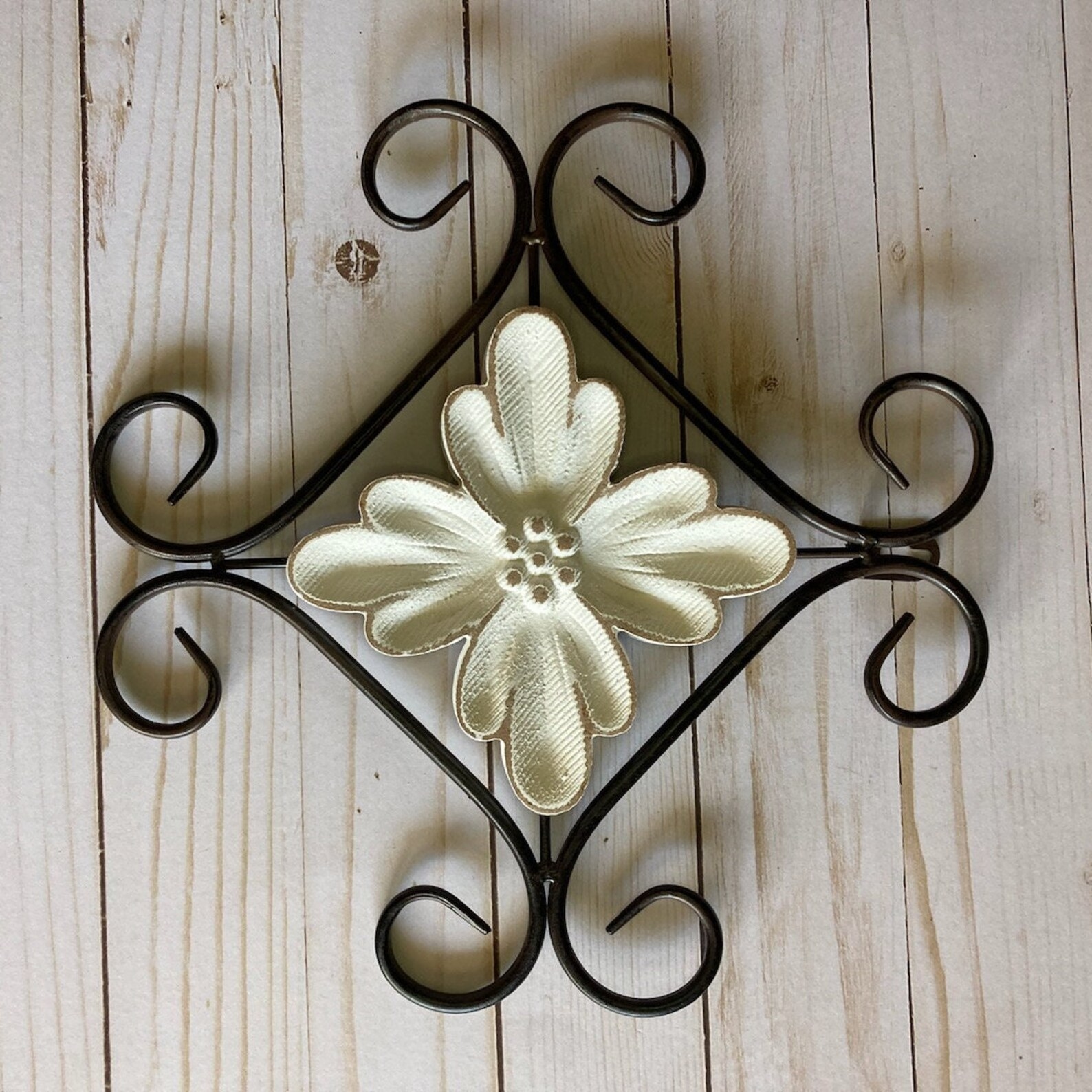 Rustic Whitewash Flower Wall Art Mounted on a Black Metal Scroll ...