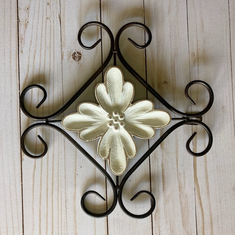 Rustic Whitewash Flower Wall Art Mounted on a Black Metal Scroll ...