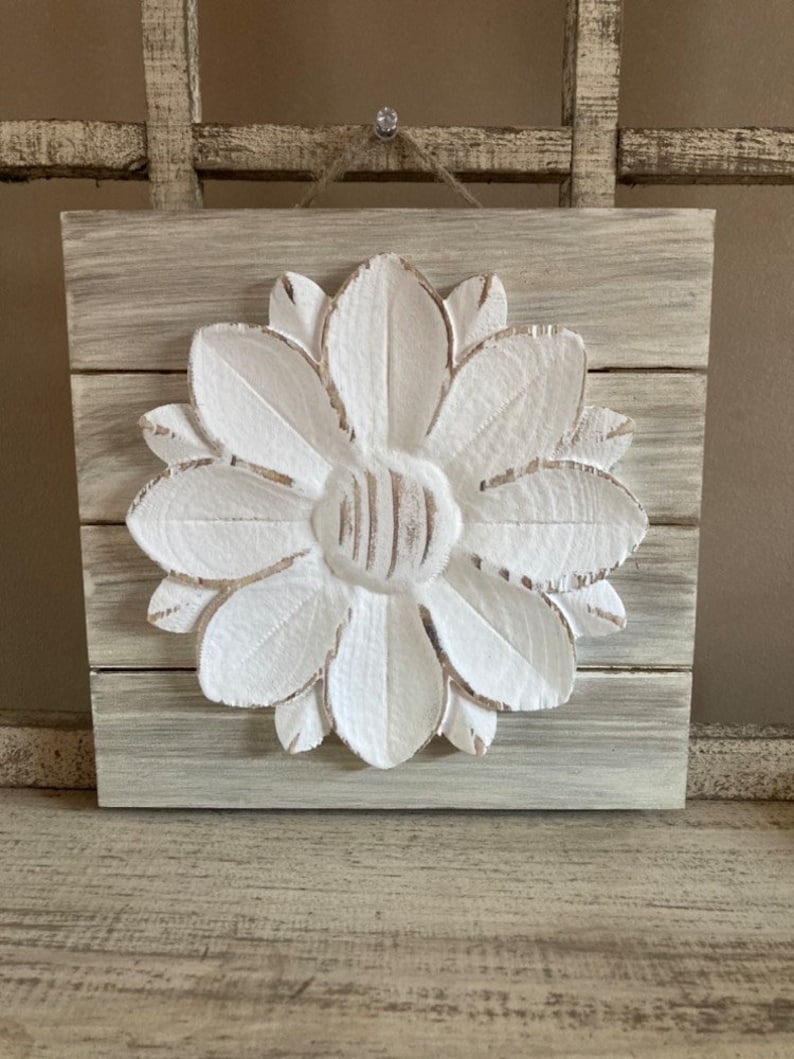 Carved Rustic Whitewash Wood Flower on Stained Wood Pallet Wall Art ...