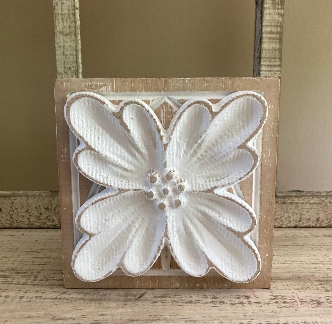 Rustic Whitewash Flower Wood Block: Farmhouse Wall Decor - Etsy