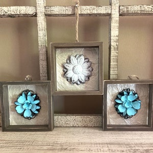 Small Trio of Metal Flowers in Rustic Box Frames / White and Turquoise ...