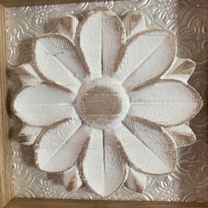 Carved Rustic Whitewash Wood Flower in Box Frame / Farmhouse Wall Art ...