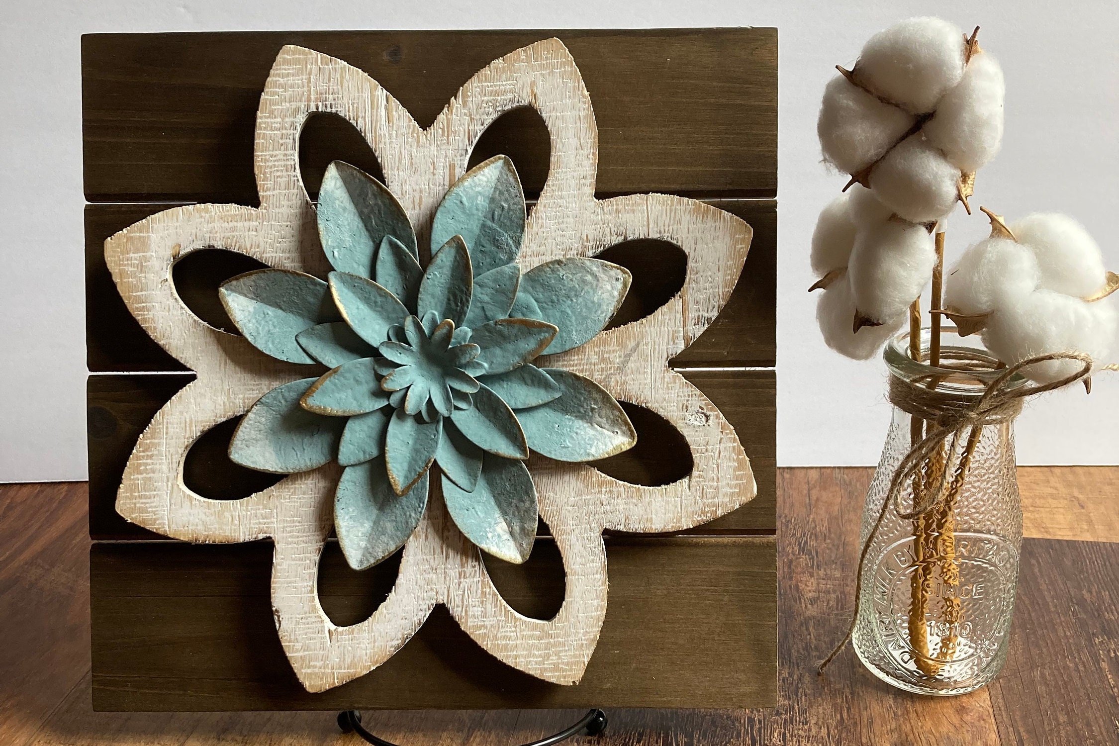 Whitewash Rustic Flower Wood Wall Decor / Farmhouse Blue and - Etsy