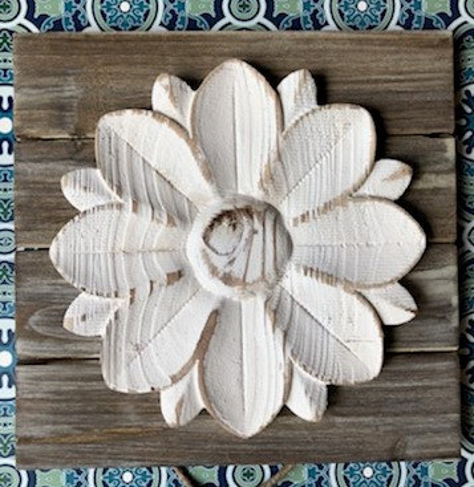Carved Rustic Whitewash Wood Flower on Stained Wood Pallet Wall Art ...
