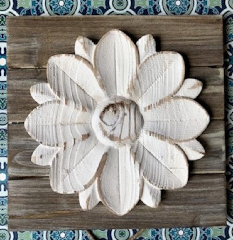 Carved Rustic Whitewash Wood Flower on Stained Wood Pallet - Etsy