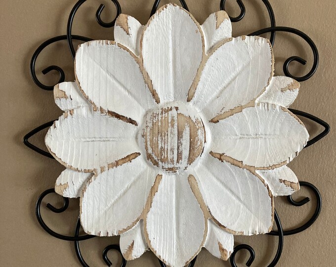 Whitewash Wood Flower on Black Metal Frame Wall Decor, Black and White ...