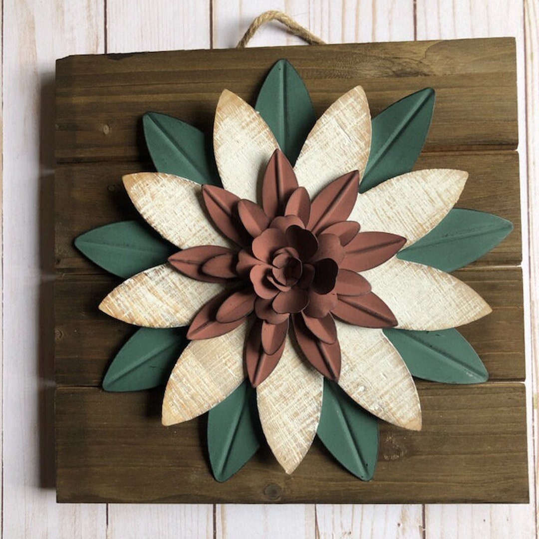 Stunning Multi Layer Wood and Metal Flower Mounted on a Medium Stain ...