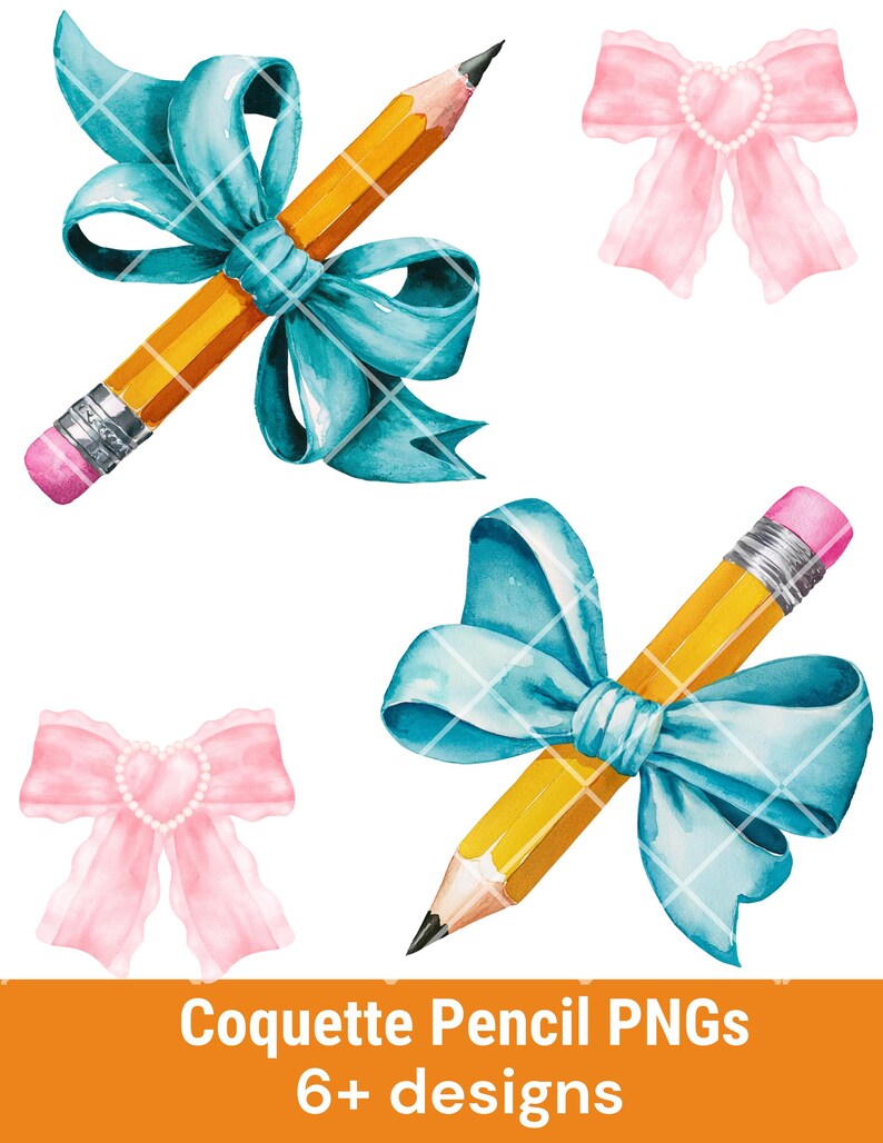 6 Coquette Pencil Bow Pngs Pink, Purple, Turquoise | Back to School ...