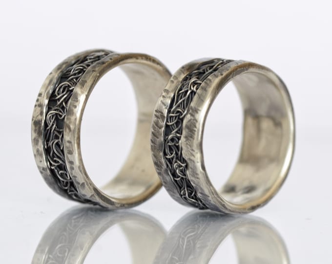 Rustic Wedding Bands Set - Oxidized Sterling Silver Matching Rings ...